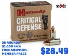 Hornady Critical Defense, 9mm, FTX, 115 Grain, 25rnds $28.49 FREE S&H
